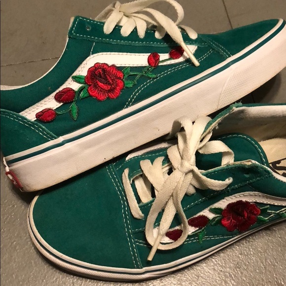 Vans | Shoes | Custom Rose Embroidered Green Vans | Poshmark